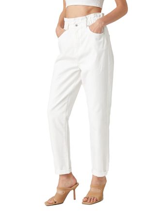 Koton Damen Elastic Waist Denim Trousers Relax Fit High - Mom Jean Pants, Off White (001), 40 EU