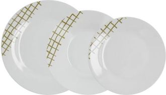 Quid Kansas Porzellan Kombiservice 18-teilig Set f&uuml;r 6 Personen, Teller 23/20/19 cm, Wei&szlig; mit gr&uuml;nem Design, Mikrowellen- und Sp&uuml;lmaschinengeeignet