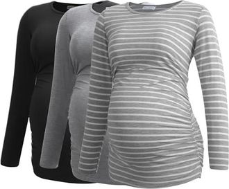 Smallshow Femme Vetement Grossesse Manches Longues T Shirt Maternité Pack de 3,Black-Light Grey-Light Grey Stripe,XL