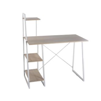 Furniture R 100CM Computer Schreibtisch Studie Schreibtisch mit Aufbewahrungsregalen f&uuml;r Home Office, Industrial Style PC Schreibtisch, wei&szlig;er Metallrahmen, Buche