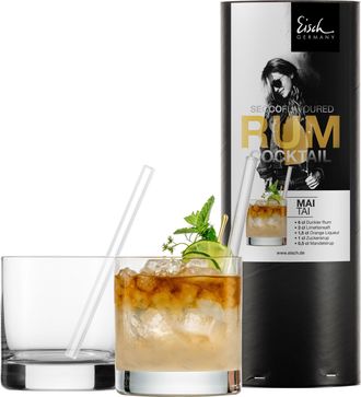 Eisch Gl&auml;ser-Set Secco Flavoured f&uuml;r Rum Cocktail, 2 Whiskybecher mit Glastrinkhalmen in Geschenkr&ouml;hre