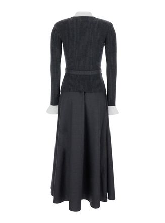 Self Portrait Womens Long Dress With V-Neck Grey Tech Fabric And Cotton