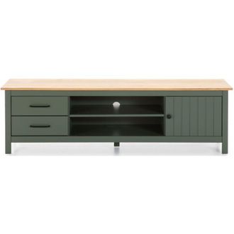 PEGANE Pegane - Meuble TV en pin massif ch&ecirc;ne vert - Longueur 158 cm, profondeur 40 cm, hauteur 47 cm - 1 porte, 2 niches, 2 tiroirs