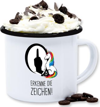 Shirtracer Emaille Tasse Blechtasse - Tassen - Lustige Einhorn Sprüche Erkenne die Zeichen | Cooles Unicorn Geschenk Einhörner witzig - 300 ml - Weiß Schwarz - e