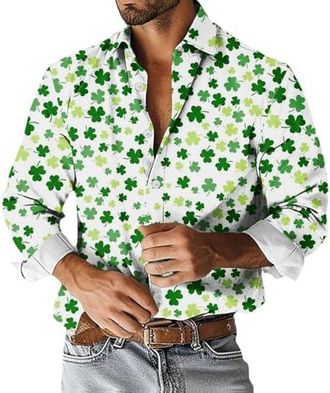 Generic DENGJIAMY Chemise boutonn&eacute;e &agrave; manches longues pour homme Motif tr&egrave;fle amusant Tr&egrave;fle Graphique Haut de vacances Chemises St Pattys Day Tees, blanc/ver