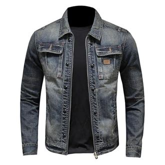 Generic Mens Jackets Casual Stylish Casual Slim Fit Zipper Jeans Coat Long Sleeve Distressed Denim Jacket Trucker Outwear Blue 3X Large