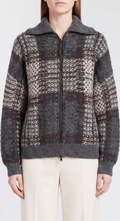 Brunello Cucinelli Cardigan &agrave; carreaux en laine m&eacute;lang&eacute;e avec zip et sequins
