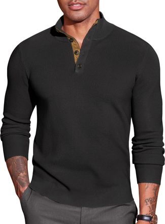 Coofandy Herren Pullover Half Neck Stehkragen Retro Strickpullover mit 1/21 Kn&ouml;pfe Wildleder Pulli Winterpullover Sweater Schwarz 3XL