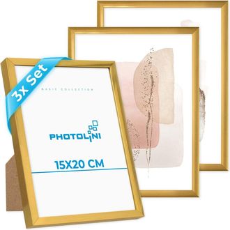Photolini Bilderrahmen 15x20 cm Gold, 3er Set Kunststoff-Rahmen schmal, bruchsicheres Acrylglas, zum Aufstellen und Aufhängen, extra Zubehör - Dokumentenrahmen 