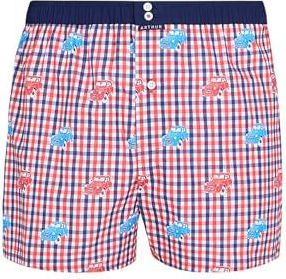 Arthur Caleçon Homme avec Maintien intégré - 100% Coton Bio - Confort et Soutien Optimal - Motif Voiture 2CV Carreaux Rouge et Bleu - Taille XXL