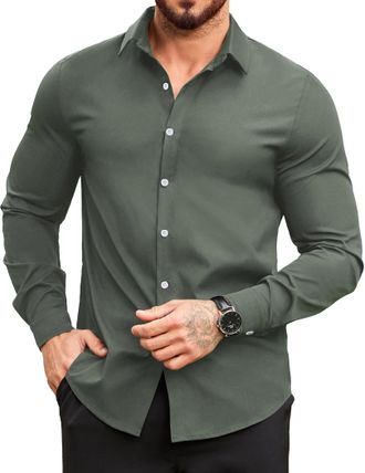 Coofandy Hemd Herren Langarm Hemden Regular Fit Button Down Freizeithemd Casual Einfarbiges Businesshemd M&auml;nner Gr&uuml;n XL