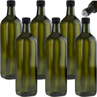 mikken Art 6x &Ouml;lflasche 750 ml mit Ausgiesser gr&uuml;n/braune &Ouml;lspender Glasflasche mit Dosierer und Etiketten