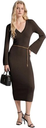 Michael Kors Femme, Robes, Brun, Taille: 40 FR Robe Midi Ceintur&eacute;e &agrave; Col V