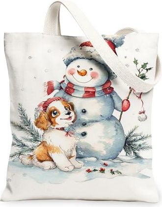 Generic Sac fourre-tout en toile motif chien et bonhomme de neige, motif animal mignon, sacs de courses r&eacute;utilisables, l&eacute;gers et lavables &agrave; l&eacute;paule &eacute;l&eacute;gante p