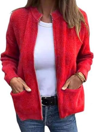 Generic Gilet en Maille à col Rond et Fermeture éclair pour Femme, Cardigan décontracté à Manches Longues et Poches, Coloris uni (Red,TG)