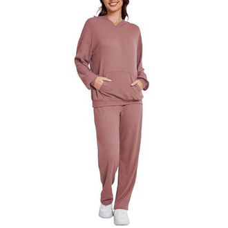 Generic Ensemble de pyjama pour femme, couleur unie, col rond, v&ecirc;tement de nuit long et pantalon &agrave; taille &eacute;lastique, ample, confortable, v&ecirc;tements de nuit pou