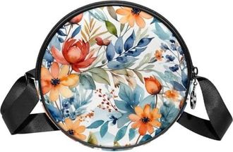 Generic Petit sac &agrave; bandouli&egrave;re circulaire pour femme, motif feuilles florales, sac &agrave; dos avec fermeture &eacute;clair, bretelles r&eacute;glables, sac &agrave; main rond d&eacute;contra