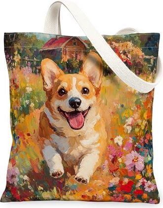 Generic Spring Corgi Sac fourre-tout en toile r&eacute;utilisable pour faire du shopping 33 x 38,1 cm, sac d&eacute;picerie r&eacute;utilisable pour femme, motif floral, plage, es