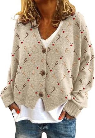 Generic Pull de Noël à manches longues pour femme - Cardigan de Noël pour femme - Chandail boutonné grande taille - Tenue de Noël amusante - Vêtements tricoté