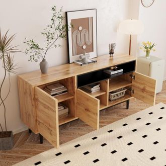 STILVORA Buffet Et Enfilade avec 3 Portes et &Eacute;tag&egrave;res R&eacute;glables, Style Moderne, en MDF, Noir et Bois, 160&times;35&times;76 cm