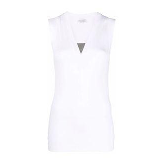 Brunello Cucinelli Geripptes Baumwoll-Jersey V-Ausschnitt Top - - Tops - Damen - Wei&szlig; - L