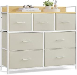 Songmics Kommode, Schrank, 7 Stoffschubladen mit Griffen, Metallgestell, Industrie-Design, cremewei&szlig;-wolkenwei&szlig; LTS523W01