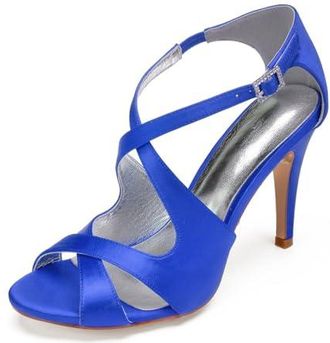Generic Escarpins Femme Bout Ouvert Mariée Btide Cheville Boucle Satin Stylet Sandales Chaussures De Mariee Bal Dress Fête 10.5Cm,Bleu,38 EU