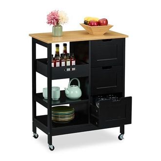 Relaxdays Küchenwagen, Arbeitsplatte, 3 Schubladen, 3 Fächer, HBT 85x68,5x38,5 cm, Kücheninsel auf Rollen, schwarz/natur