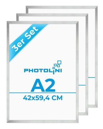 Photolini Bilderrahmen A2 Holz MDF Silber, 3er Set Picture Frame Rahmen 42x59,4 mit bruchsicherem Acrylglas, DIN A2 Bilderrahmen 42x60 zum Aufh&auml;ngen, mit Zubeh&ouml;