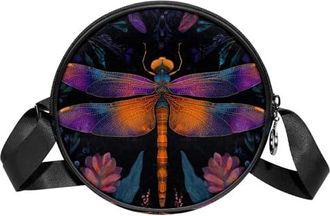 Generic Sac &agrave; bandouli&egrave;re rond pour femme, petit sac &agrave; bandouli&egrave;re Art nouveau libellule avec fermeture &eacute;clair, bretelles r&eacute;glables, sac &agrave; main rond d&eacute;contrac