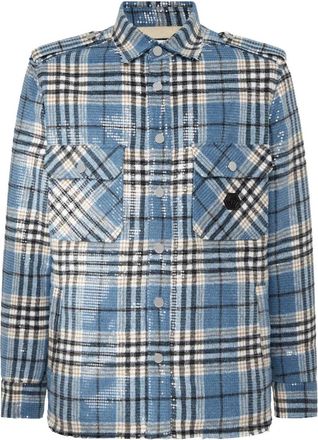Philipp Plein Homme, Chemises, Bleu, Taille: XL Destroyed Tartan Overshirt Pailletes