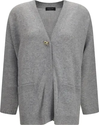 Fabiana Filippi Womens Cashmere Cardigan With V-Neck And Knot Button Granite Grey Sweater