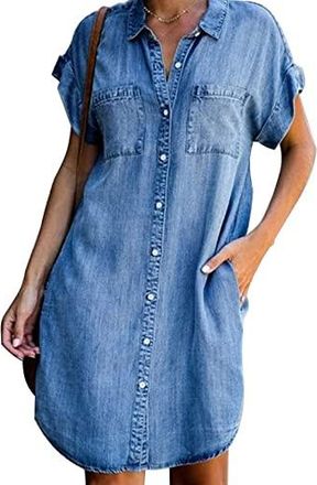 Onsoyours Femme Robe Été de Plage Rétro Denim Robes col V Au Genou Manches Casual Robe Shirt Mode Casual Tuniques Longue Chemisier en Jean sans Accessoires