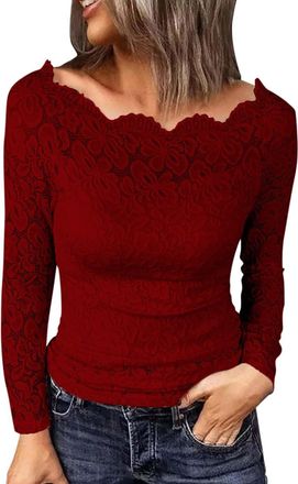 Minetom Damen Top Spitzen Schulterfrei Bluse Elegant Oberteile Basic Langarm T Shirt Lace Langarmshirt Slim Fit Pullover Spitzentop A Rot M