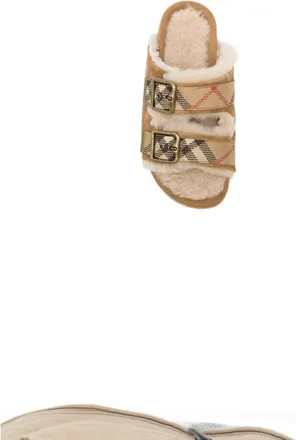Burberry Shearling-Trim Check Sandal - Beige