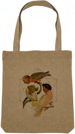 Fabulous Sac Shopping Tote Bag Aspect Lin - Oiseaux Tetes Parlantes Collage Art Surr&eacute;alisme Grotesque - Sac de Courses Toile Epaisse 360g Beige Naturel Cabas P