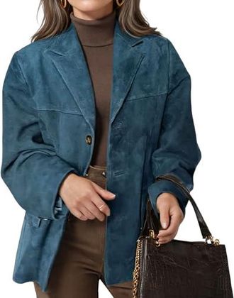 Generic Veste blazer en daim synth&eacute;tique pour femme avec revers crant&eacute; simple boutonnage en cuir, bleu, 3XL