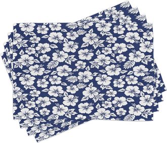 Abakuhaus Hawaii Platzmatten, Hibiscus Silhouetten blühende Malve Familienpflanze exotische Sommersaison Laub, Tiscjdeco aus Farbfesten Stoff für das Esszimmer 