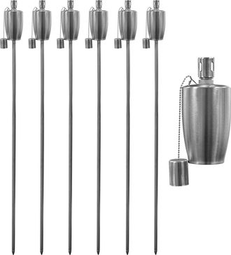 Harbour Housewares Metall-Gartenfackeln - Fass - 6 Stück - 146 cm, silberne Gartenfackeln, Beleuchtung, moderne Außenbeleuchtung, Paraffinöllampe, Kerzenflammenlaterne f