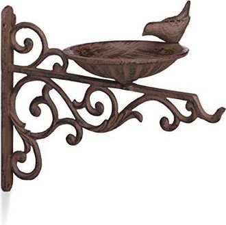 Relaxdays Vogeltränke, Gusseisen, Wandmontage, Wetterfest, Rostfrei, Wildvögel, Gartendeko, HxBxT 24 x 28 x 14 cm, braun