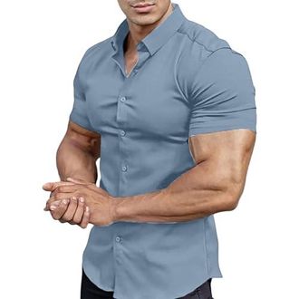 Generic Chemise habill&eacute;e coupe ajust&eacute;e pour homme, chemise daffaires &agrave; manches courtes, couleur unie, chemises formelles grande taille, hauts boutonn&eacute;s, haut 