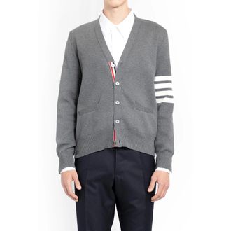 Thom Browne Graue V-Ausschnitt Baumwoll-Strickjacke mit 4-Bar Muster - - Knitwear - Herren - Grau - M