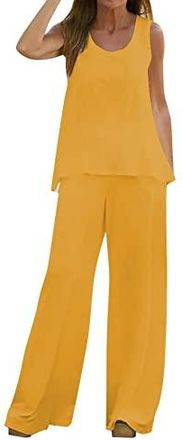 Generic Ensemble deux pi&egrave;ces pour femme - Col rond - Sans manches - D&eacute;bardeurs avec pantalon large - Tenue de vacances d&eacute;t&eacute; unie - Ensemble assorti, jaune, XX