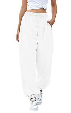 Feoya Pantalon de Jogging Femme Gris/Blanc/Noir Pantalon de Loisirs Taille Haute Pantalon de Sport Loose Fit Femme Pantalon dentraînement Long avec Poches B