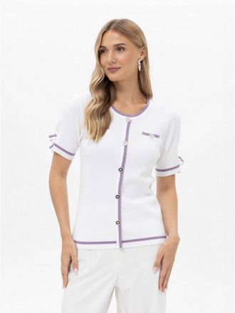 Passioni Kurzarmshirt mit Flieder Schleifen Strickshirt in Wei&szlig;- und Flieder mit Schleifen