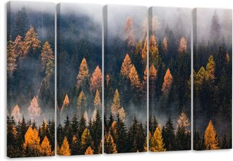 Feeby Wandbilder 200x100 cm B&auml;ume Wald im Nebel 5 tlg Modern Leinwandbilder Bilder Bild auf Leinwand Design Wohnzimmer Schlafzimmer Flur B&uuml;ro H&uuml;gel Natur Gr