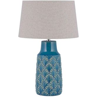 Beliani Lampe de Table à Poser avec Pied Déco en Céramique Bleue et Abat-jour Gris E27 Max 40W Éclairage Idéal pour Salon Classique Beliani