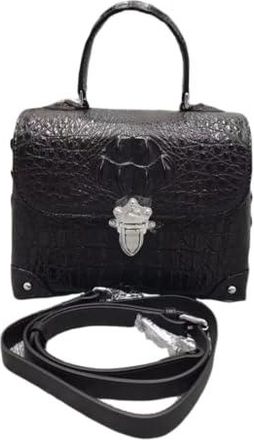 Generic Petit sac &agrave; main prune pour femme en cuir v&eacute;ritable crocodile, orn&eacute; de clous, style alligator, noir