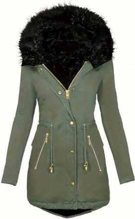 Generico Manteau dhiver rembourré avec capuche pour femme - Veste longue épaisse - Coupe-vent - Coupe ajustée - Parka à capuche en polaire - Fermeture éclair -