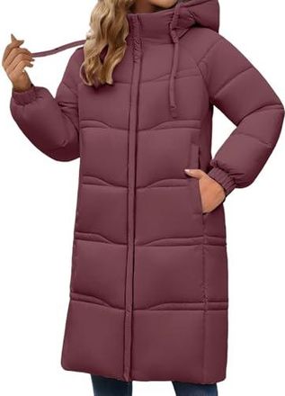 Generic Long manteau bouffant pour femme - Veste dhiver rembourrée imperméable à capuche - Fermeture éclair ample - Parka matelassée pour femme - Manteau isol